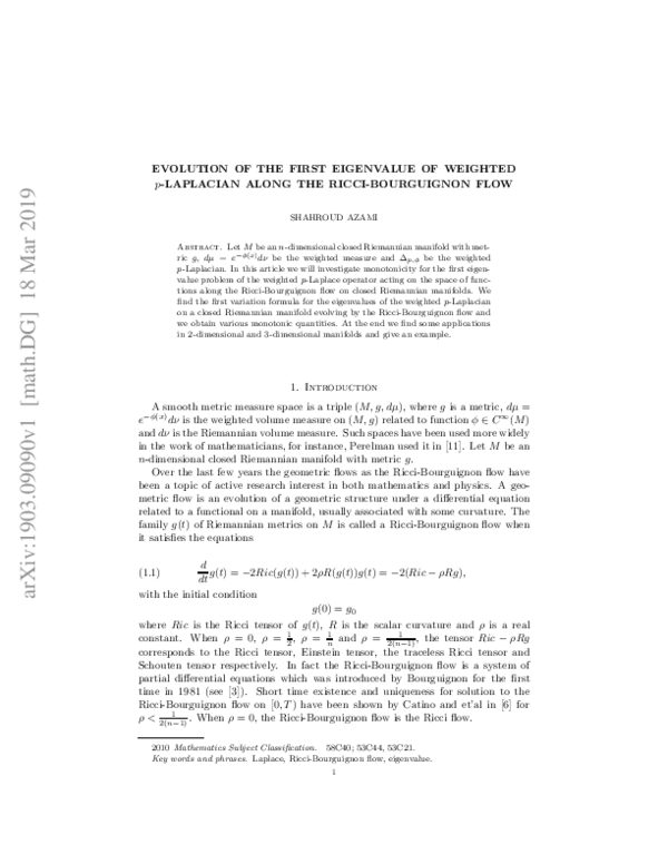 (PDF) Evolution of the first eigenvalue of weighted $p$-Laplacian along the Ricci-Bourguignon ...