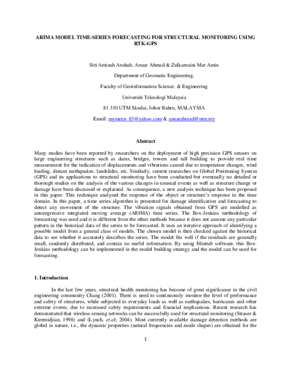 (PDF) Arima Model Time-Series Forecasting For Structural Monitoring Using RTK-GPS