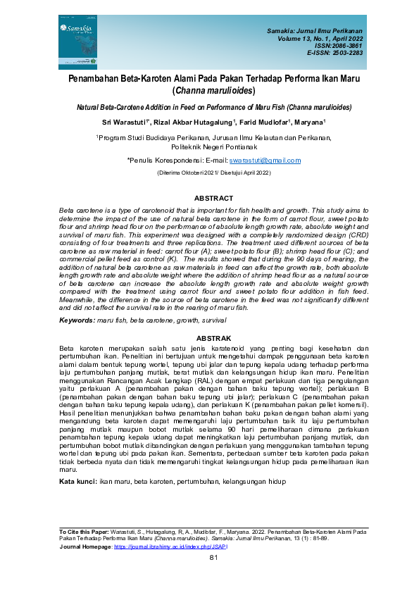 (PDF) Penambahan Beta-Karoten Alami Pada Pakan Terhadap Performa Ikan ...
