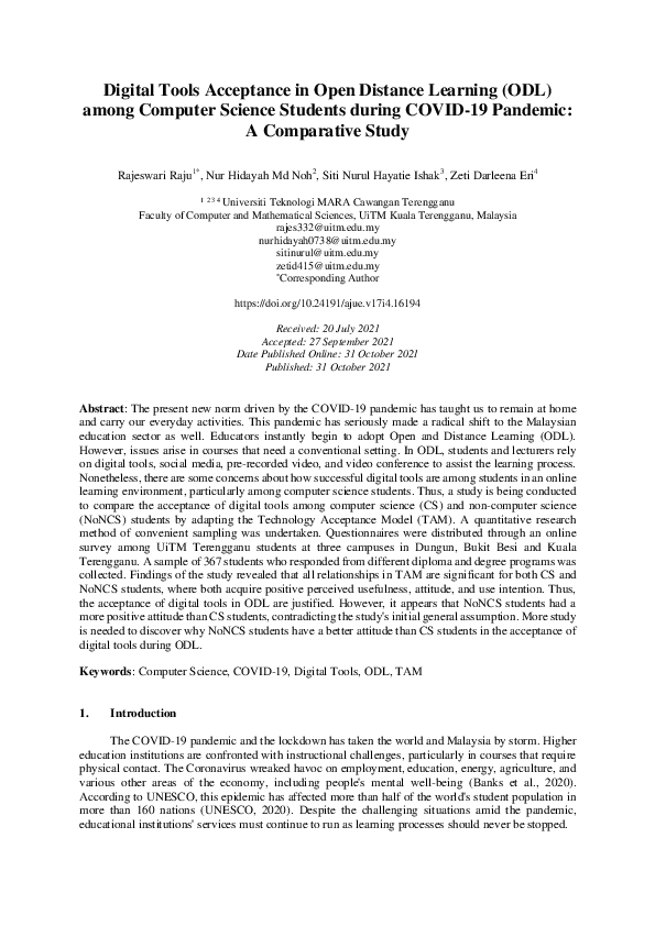 (PDF) Digital Tools Acceptance in Open Distance Learning (ODL) among Computer Science Students ...