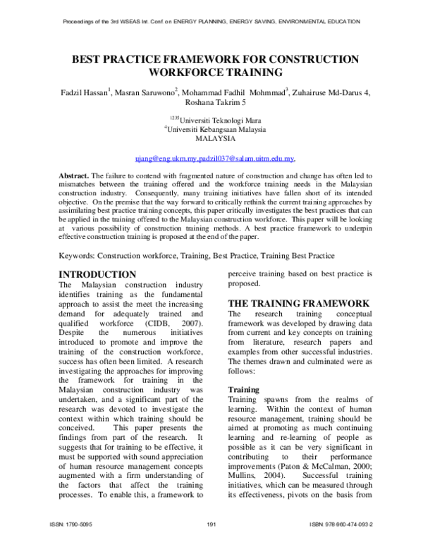 (PDF) Best practice framework for construction workforce training