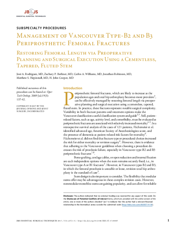 (PDF) Management of Vancouver Type-B2 and B3 Periprosthetic Femoral ...