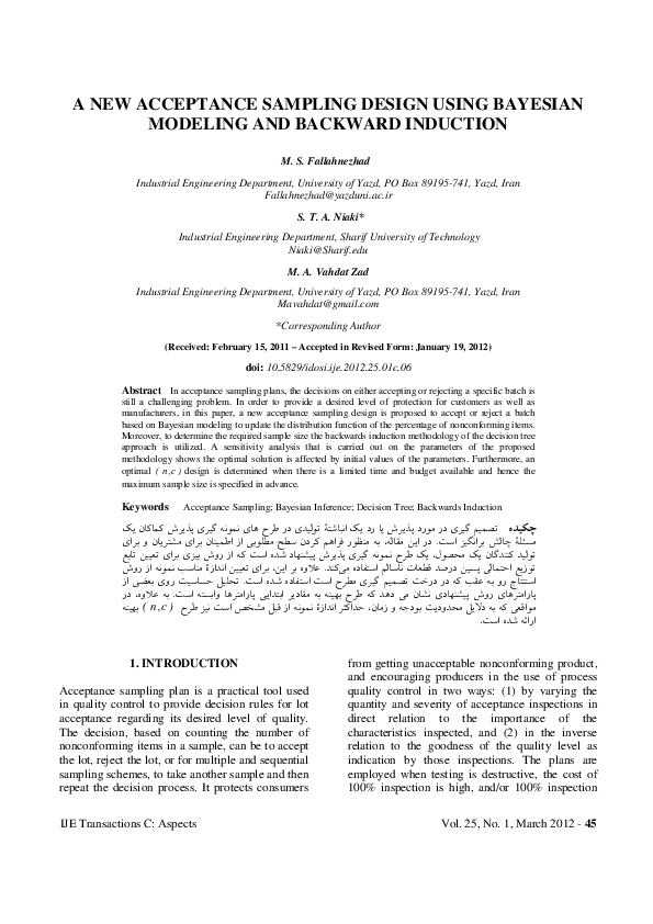 (PDF) A New Acceptance Sampling Design Using Bayesian Modeling and Backward Induction