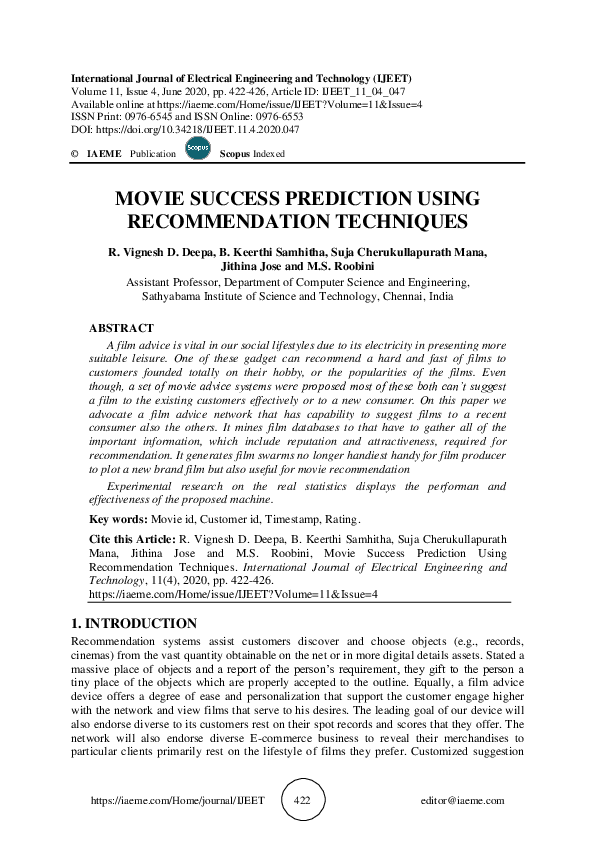(PDF) Movie Success Prediction Using Recommendation Techniques