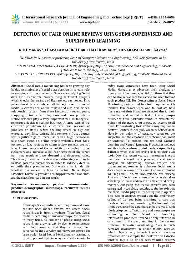 (PDF) Identifying Fake Reviews: Learning Approaches (PDF) Identifying Fake Reviews: Learning Approaches