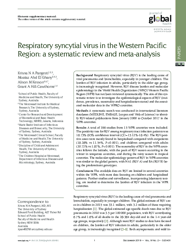 (PDF) Respiratory syncytial virus in the Western Pacific Region: a ...