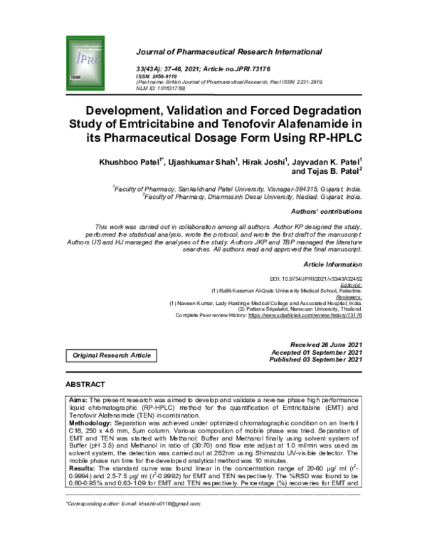 (PDF) Development, Validation and Forced Degradation Study of Emtricitabine and Tenofovir ...