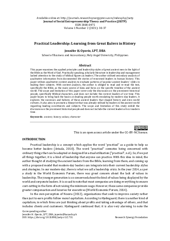 (PDF) Practical Leadership: Learning from Great Rulers in History