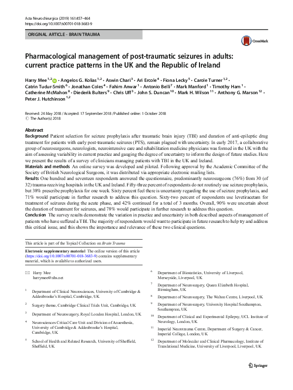 (PDF) Pharmacological management of post-traumatic seizures in adults ...