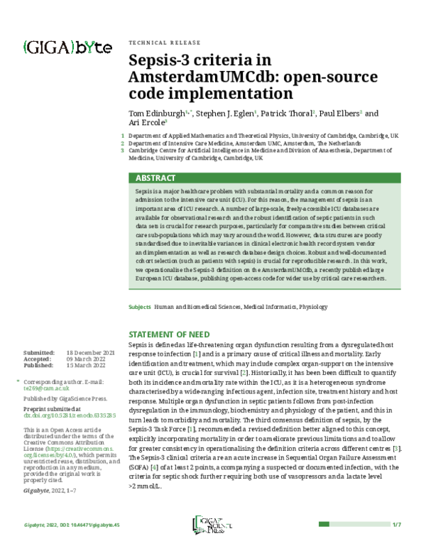 (PDF) Sepsis-3 criteria in AmsterdamUMCdb: open-source code implementation