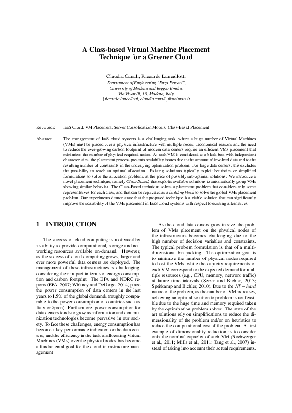 (PDF) A Class-based Virtual Machine Placement Technique for a Greener Cloud | Claudia Canali ...