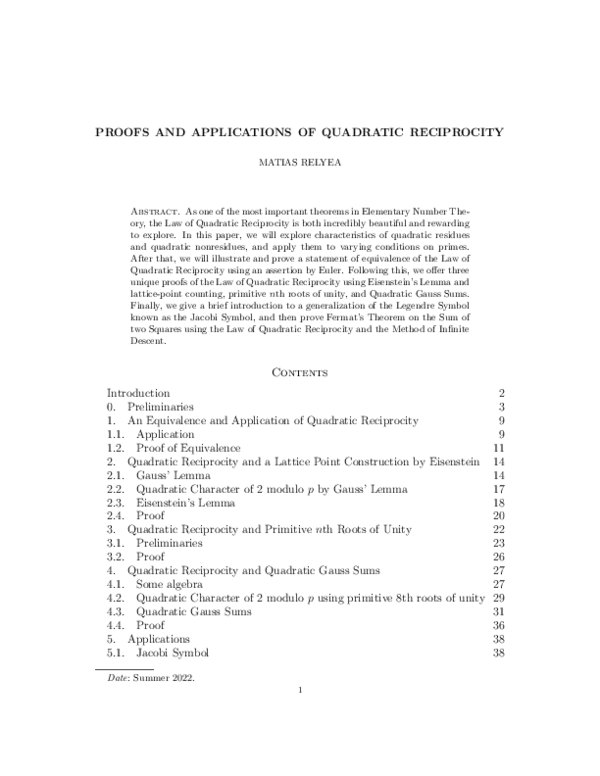 (PDF) Proofs and Applications of Quadratic Reciprocity