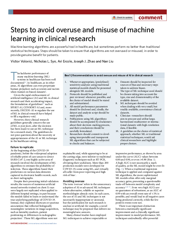 (PDF) Steps to avoid overuse and misuse of machine learning in clinical ...