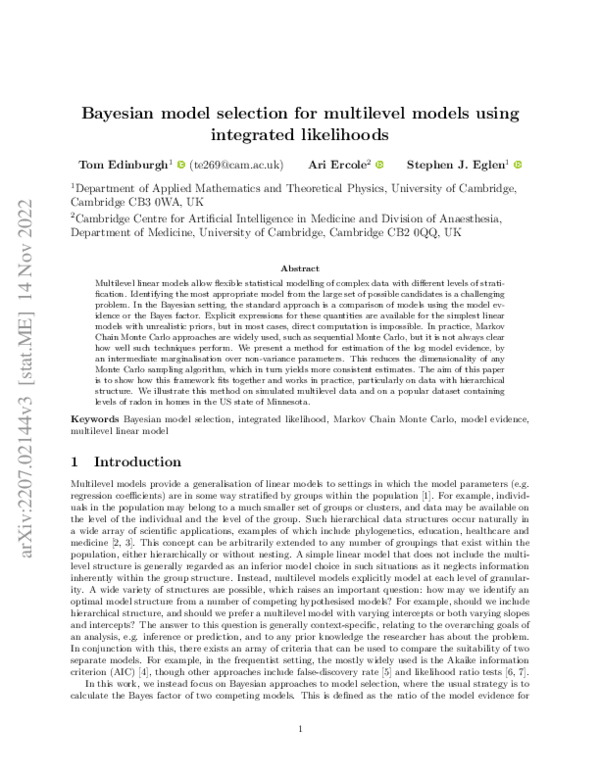 (PDF) Bayesian model selection for multilevel models using integrated ...