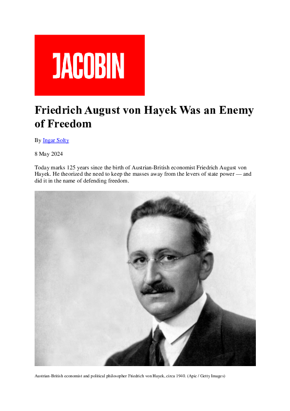 (PDF) The Enemy of Freedom. Friedrich August von Hayek