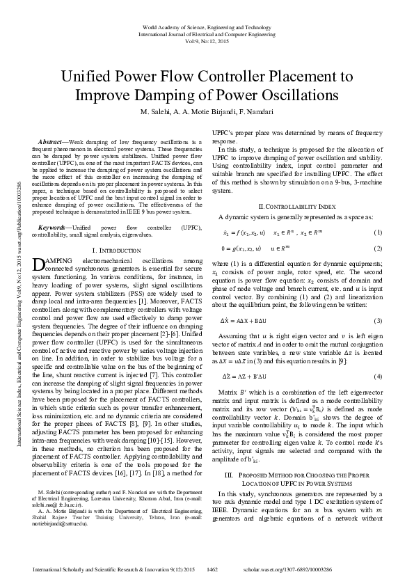 (PDF) Unified Power Flow Controller Placement To Improve Damping Of Power Oscillations