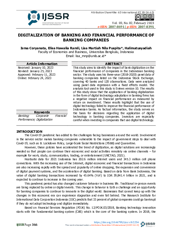 (PDF) Digitalization of Banking and Financial Performance of Banking ...