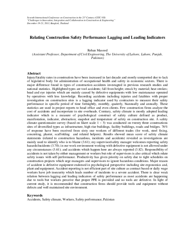 (PDF) Relating Construction Safety Performance Lagging and Leading Indicators