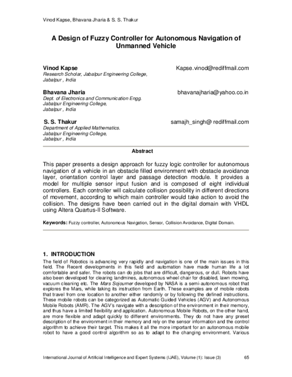 (PDF) A Design of Fuzzy Controller for Autonomous Navigation of Unmanned Vehicle