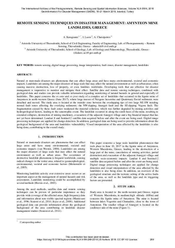 (PDF) Remote Sensing Techniques in Disaster Management: Amynteon Mine Landslides, Greece