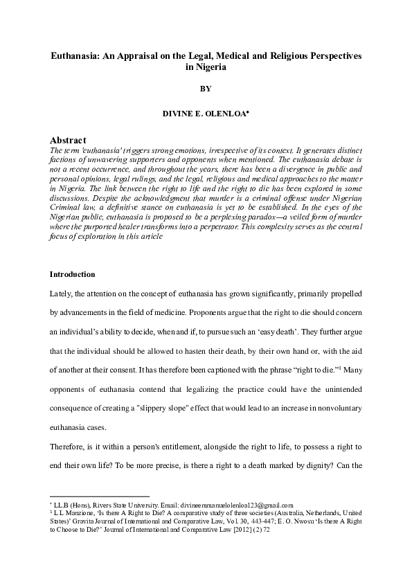 (PDF) Euthanasia: An Appraisal on the Legal, Medical and Religious ...