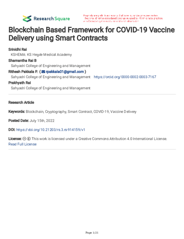 (PDF) Blockchain Based Framework for COVID-19 Vaccine Delivery using Smart Contracts