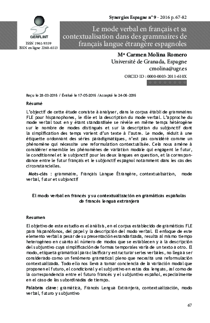 (PDF) Le mode verbal en français et sa contextualisation dans des ...