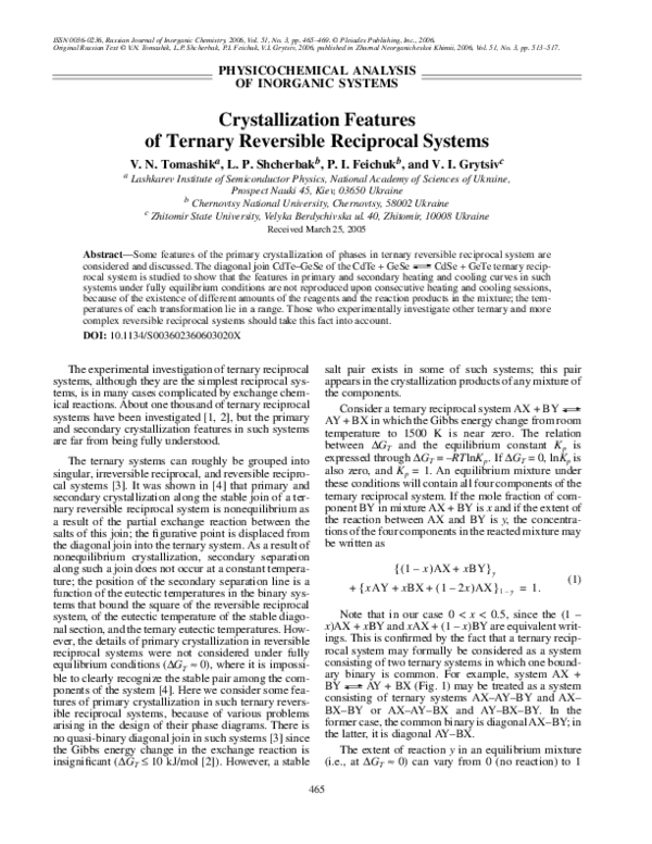 (PDF) Crystallization features of ternary reversible reciprocal systems