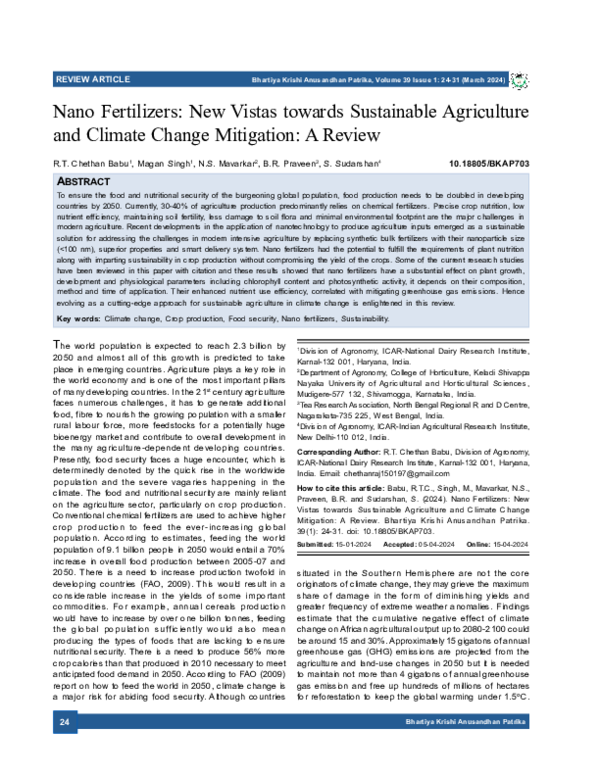 (PDF) Nano Fertilizers: New Vistas towards Sustainable Agriculture and Climate Change Mitigation ...