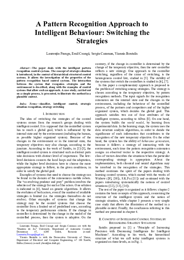 (PDF) A pattern recognition approach to intelligent behaviour: switching the strategies