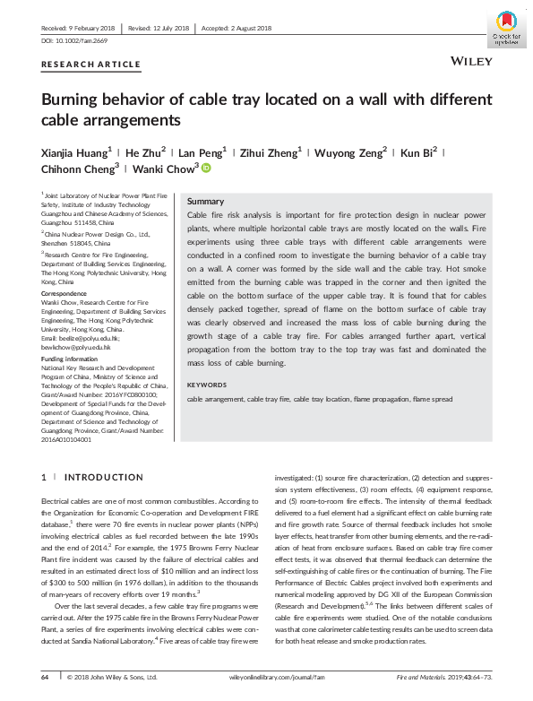 (PDF) Burning behavior of cable tray located on a wall with different ...