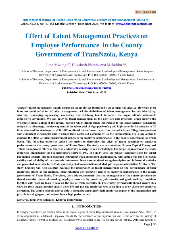 (PDF) Effect of Talent Management Practices on Employee Performance in the County Government of ...