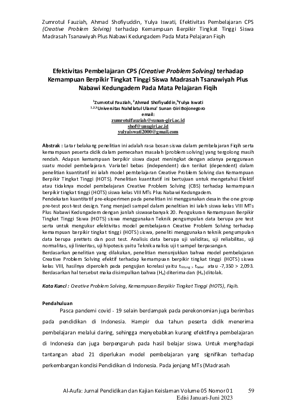 (PDF) Efektivitas Pembelajaran CPS (Creative Problem Solving) terhadap Kemampuan Berpikir ...