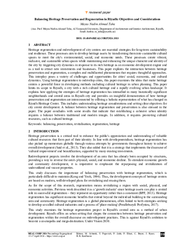 (PDF) Balancing Heritage Preservation and Regeneration in Riyadh: Objectives and Considerations