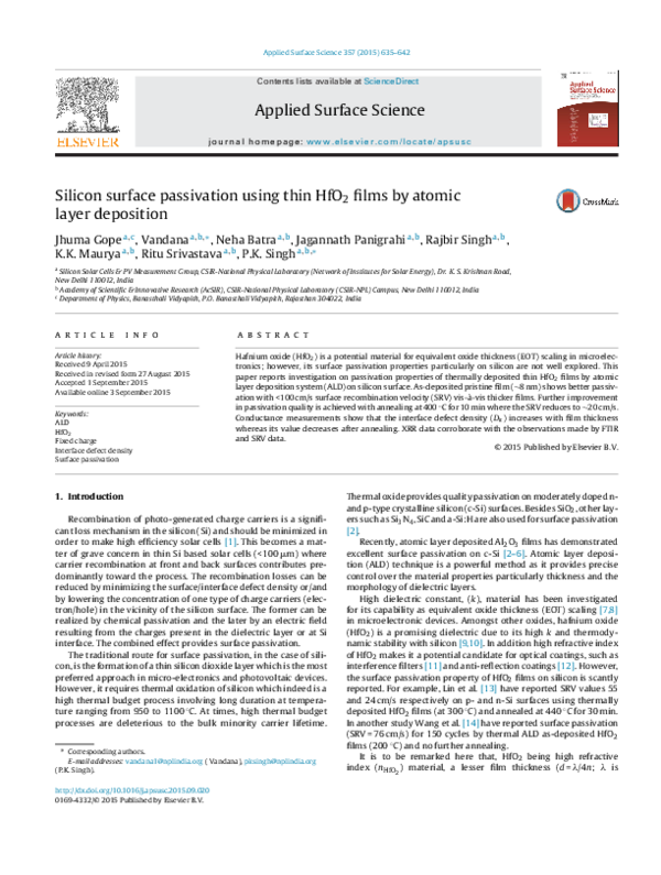 (PDF) Silicon surface passivation using thin HfO2 films by atomic layer ...