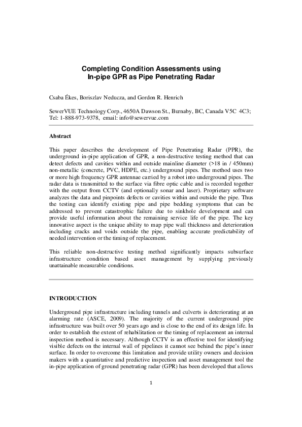 (PDF) Completing Condition Assessments Using In-Pipe GPR As Pipe ...