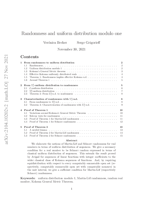 (PDF) Randomness and uniform distribution modulo one | Verónica Becher - Academia.edu