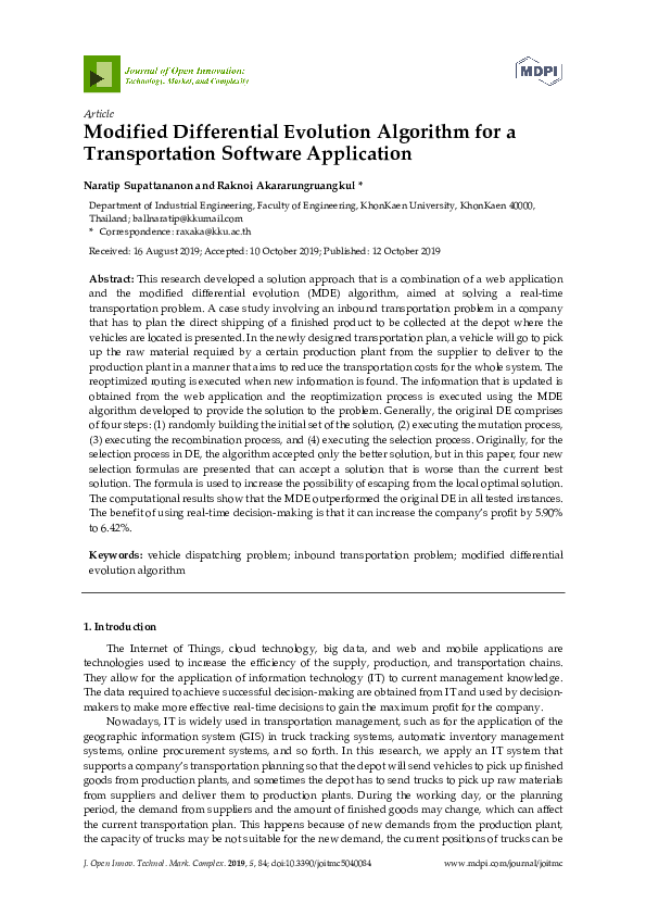 (PDF) Modified Differential Evolution Algorithm for a Transportation Software Application ...