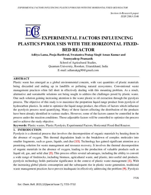 (PDF) EXPERIMENTAL FACTORS INFLUENCING PLASTICS PYROLYSIS WITH THE ...