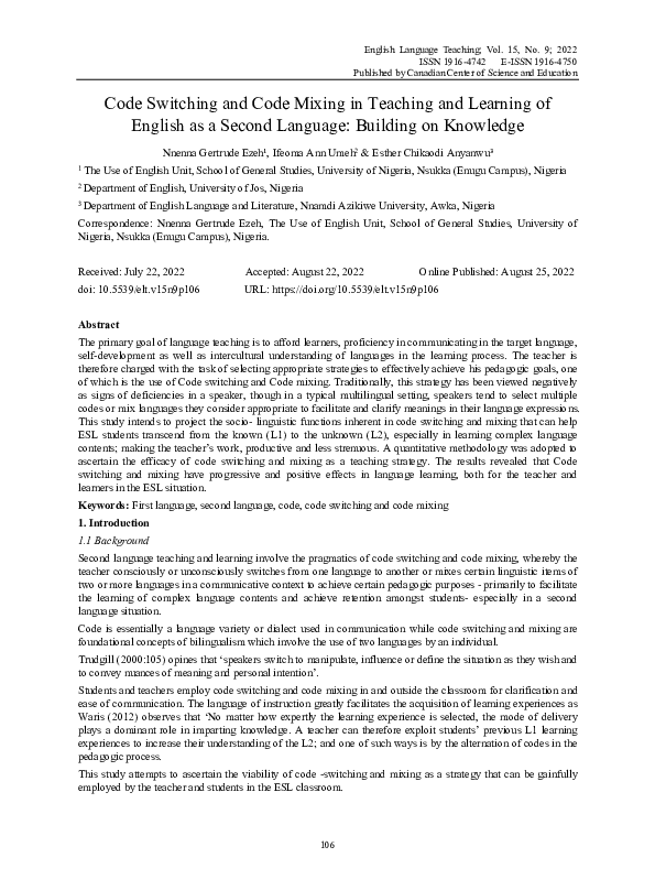 (PDF) Code Switching and Code Mixing in Teaching and Learning of English as a Second Language ...