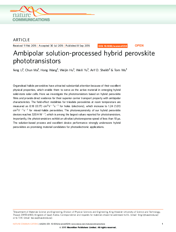 (PDF) Ambipolar solution-processed hybrid perovskite phototransistors | Arif Sheikh - Academia.edu