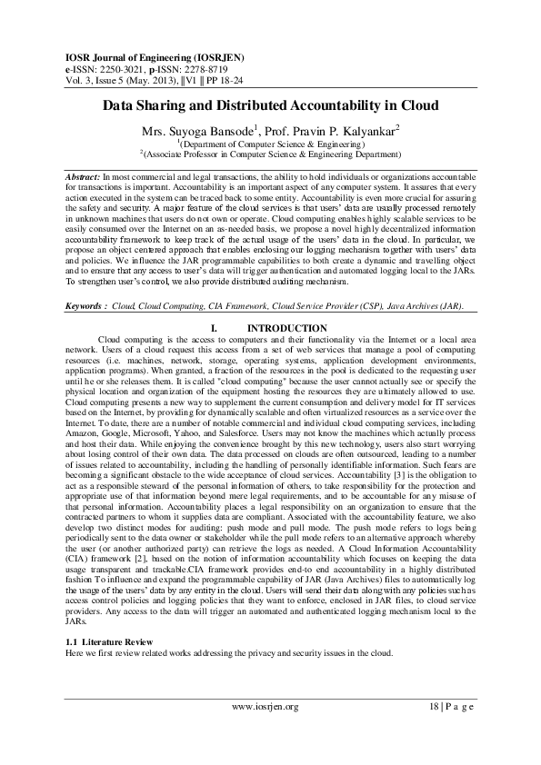 (PDF) Data Sharing and Distributed Accountability in Cloud | pravin kalyankar - Academia.edu