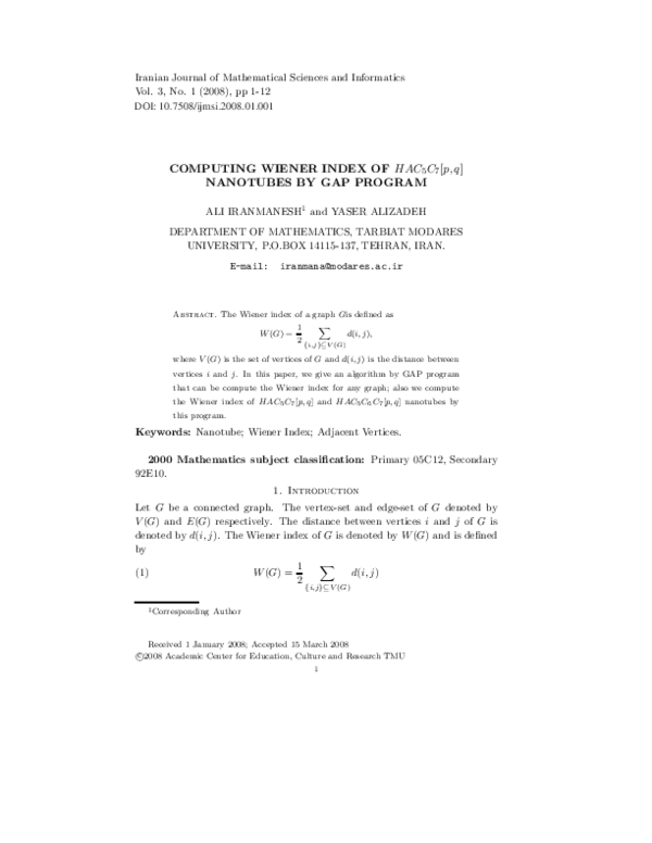 (PDF) COMPUTING WIENER INDEX OF HAC5C7[p, q] NANOTUBES BY GAP PROGRAM