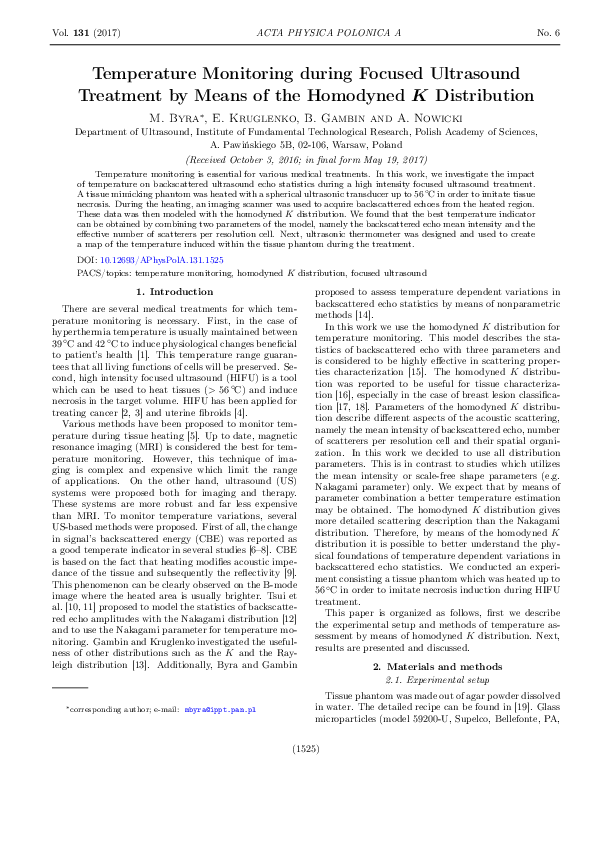 Pdf Temperature Monitoring During Focused Ultrasound Treatment By