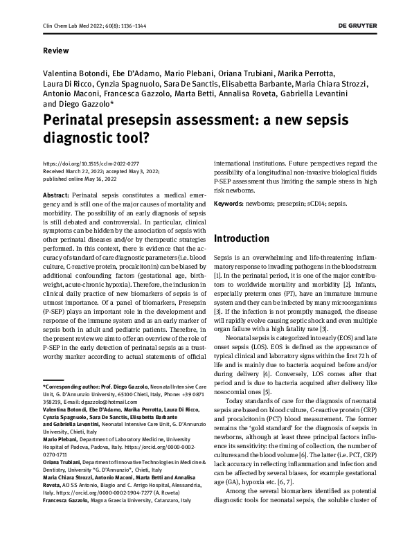 (PDF) Perinatal presepsin assessment: a new sepsis diagnostic tool?