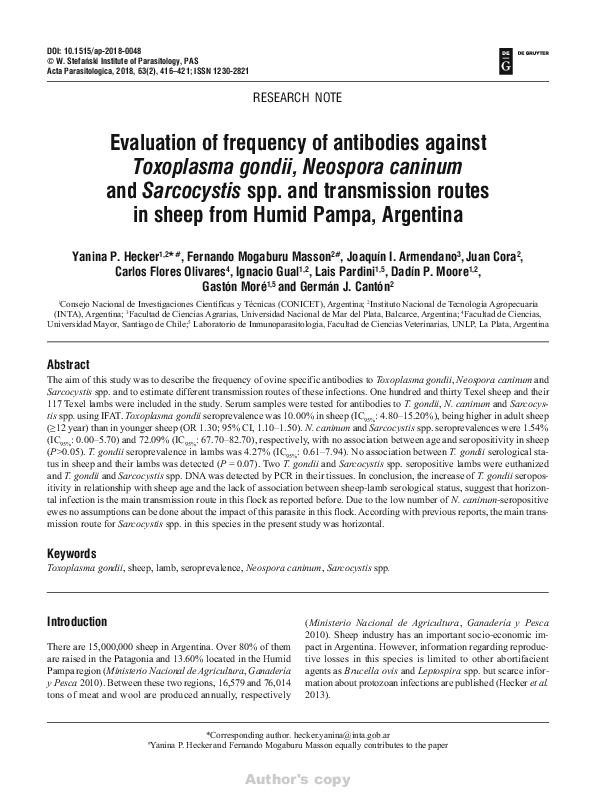 Pdf Evaluation Of Frequency Of Antibodies Against Toxoplasma Gondii Neospora Caninum And