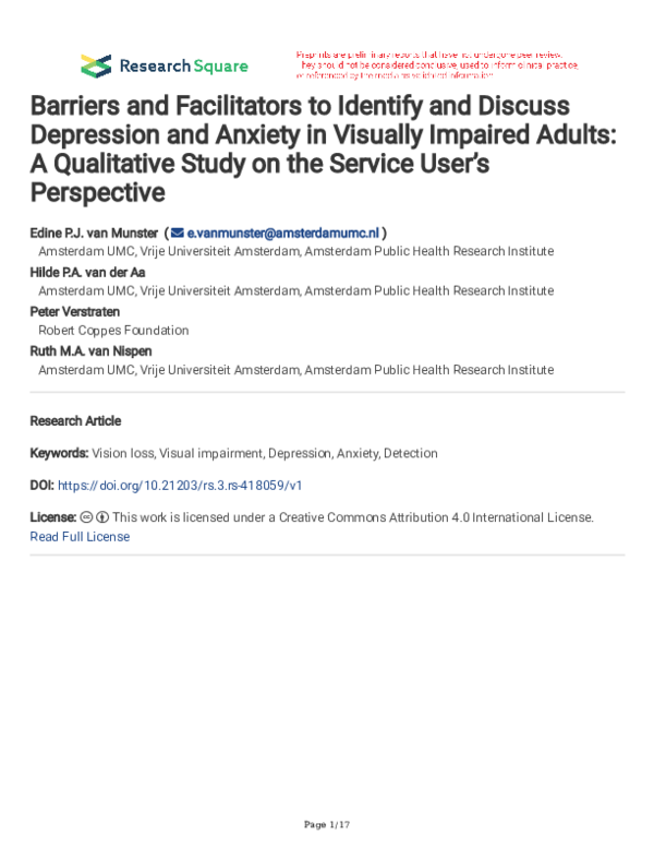 (PDF) Barriers and Facilitators to Identify and Discuss Depression and Anxiety in Visually ...