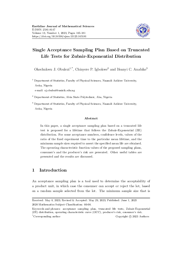(PDF) Single Acceptance Sampling Plan Based on Truncated Life Tests for ...