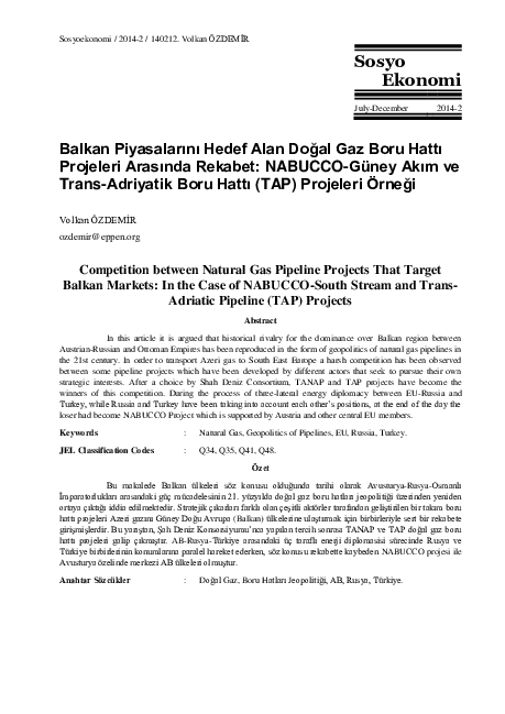 (PDF) Balkan Piyasalarını Hedef Alan Doğal Gaz Boru Hattı Projeleri Arasında Rekabet: NABUCCO ...