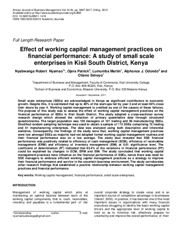 (PDF) Effect of working capital management practices on financial performance: A study of small ...